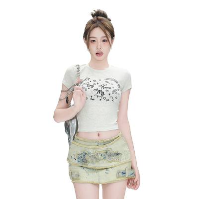 KRO美式涂鸦印花短袖正肩T恤女2024夏季新款辣妹修身显瘦短款上衣