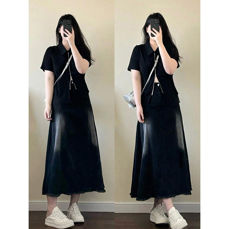 300斤大码胖mm美式黑色牛仔半身裙女夏季新款裙子显瘦黑色a字半裙