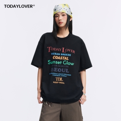 TODAYLOVER字母印花圆领短袖T恤