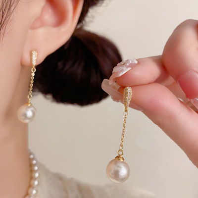 925纯银针时尚温柔百搭锆石水滴流苏珍珠耳坠个性轻奢显瘦耳环女