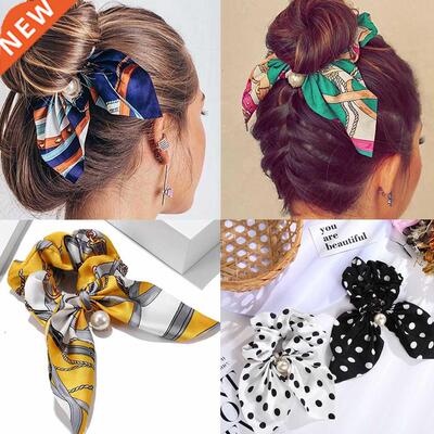 New Chiffon Bowknot Silk Hair Scrunchies Women Pearl tail Ho