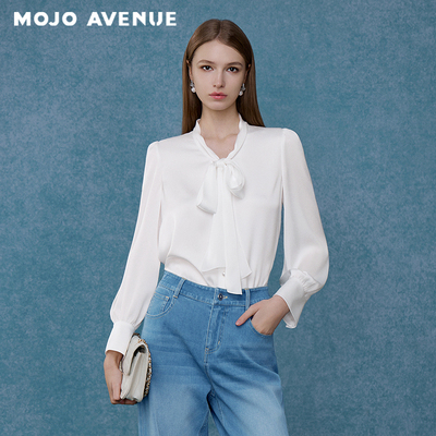 朗姿/MOJO秋新品2026法式新贵风蝴蝶结飘带领白色衬衫通勤高级感