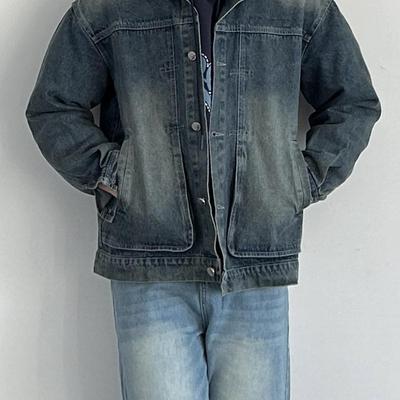 siiiend美式复古水洗做旧牛仔外套男宽松休闲翻领夹克上衣春秋季