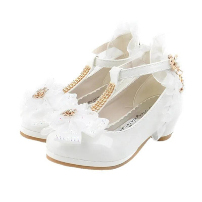 Children Party Leather Shoes Girls PU Low Heel Lace Flower
