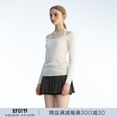 Ahhh 纯欲露肩长袖一字肩上衣女2024早春N设计感针织衫白色打底衫