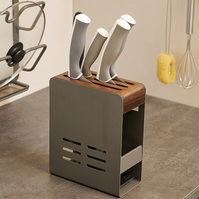 枪灰厨房刀架置物架原木风免打孔壁挂收纳架插刀置放菜刀架子多槽