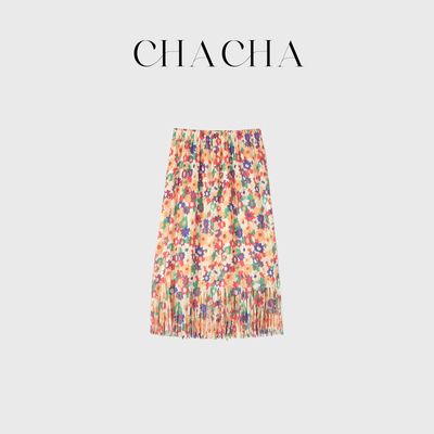 CHACHA【花海】休闲时尚百搭彩色小花流苏压褶裙