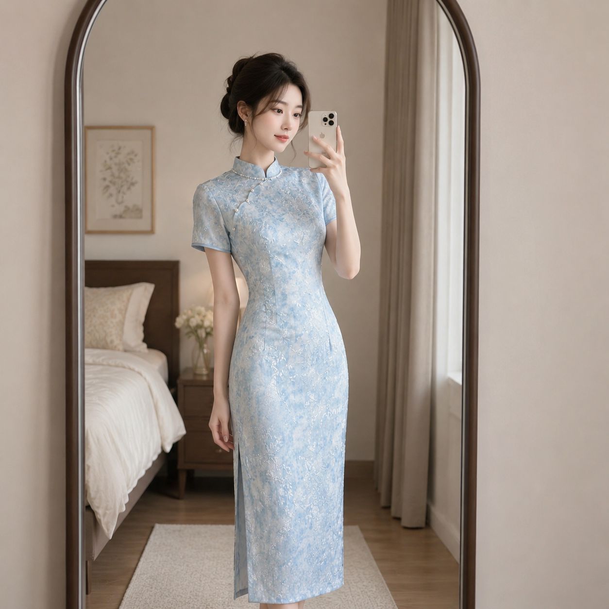 新中式蓝色提花旗袍连衣裙女复古年轻款立领短袖国风少女日常清新