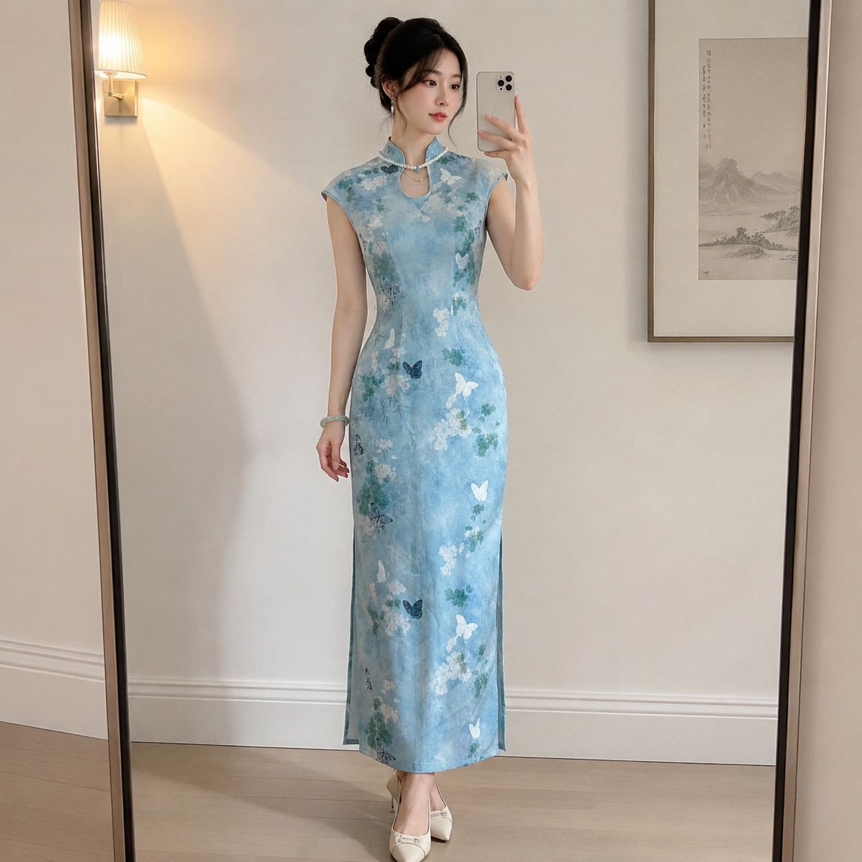 2026年夏季新中式国风蓝色贝壳袖改良旗袍女绝美水滴领连衣裙子女