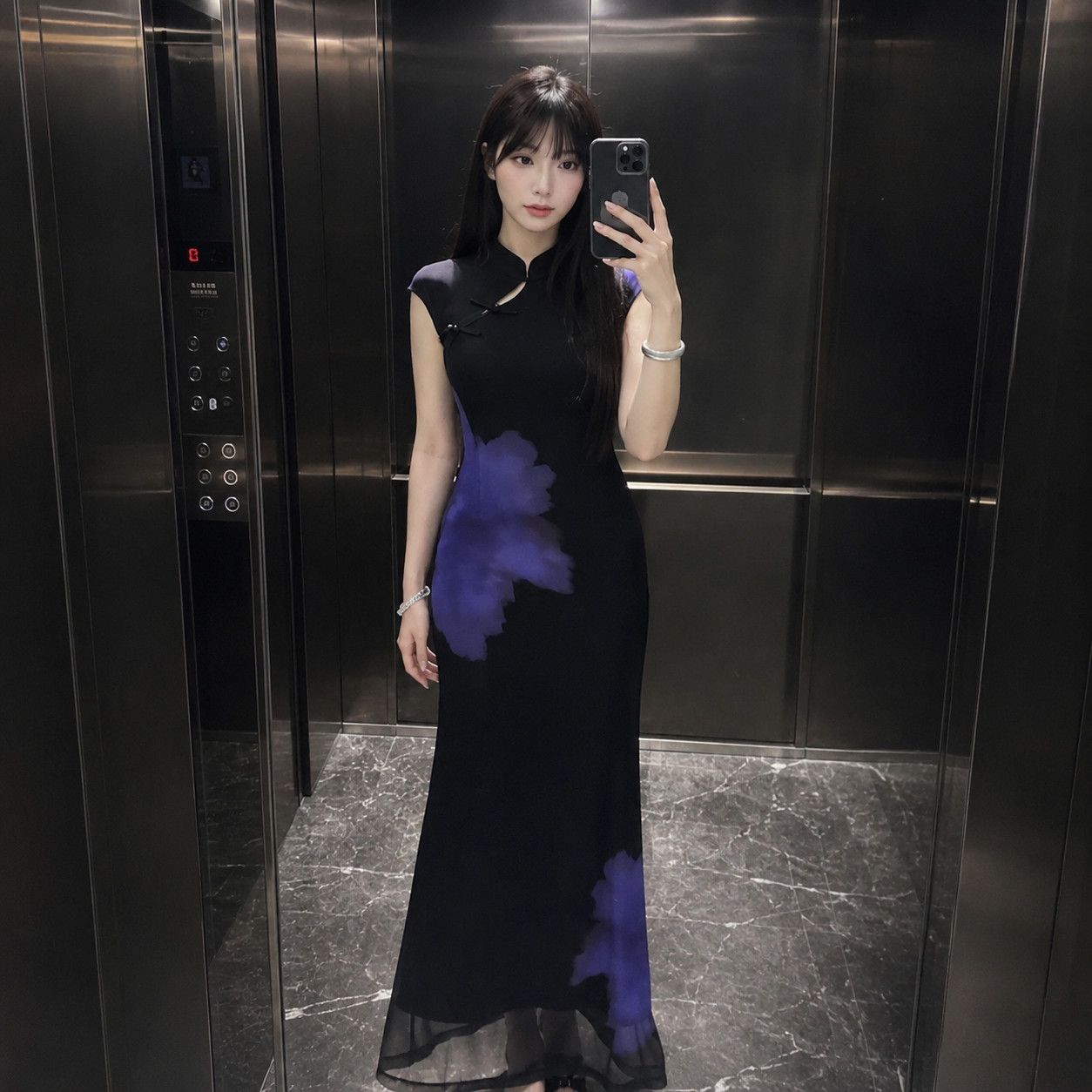 新中式水墨紫印花旗袍连衣裙女夏季立领盘扣网纱拼接修身包臀长裙