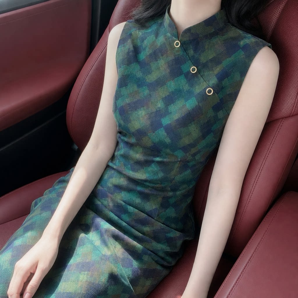 复古老上海民国风新中式旗袍连衣裙女夏无袖2026新款绿色修身日常