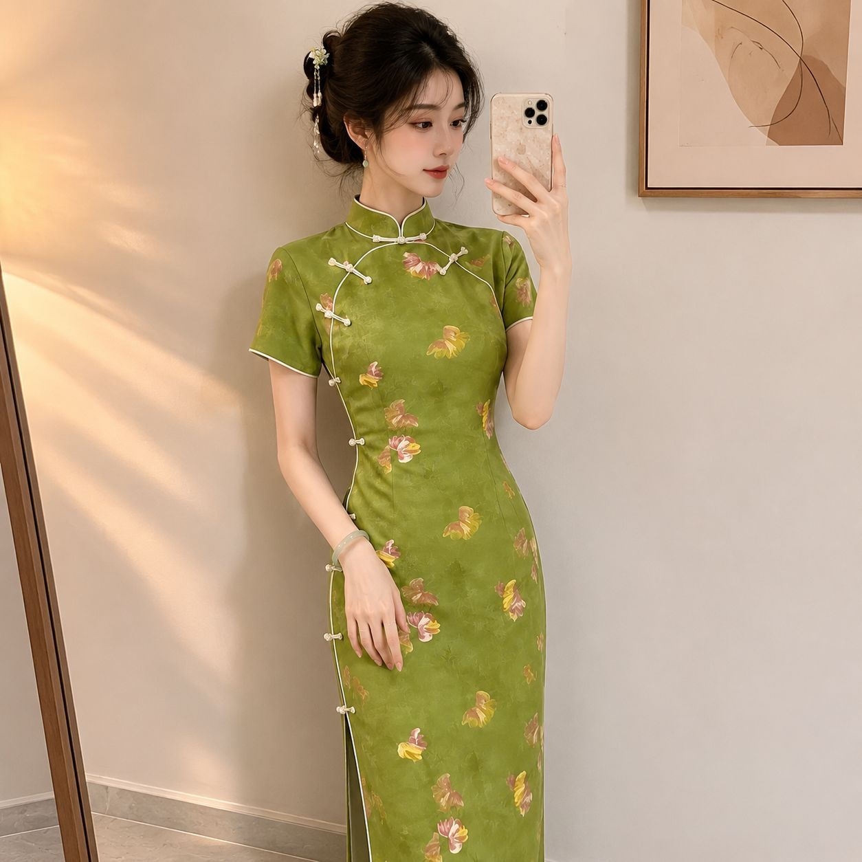新中式绿色盘扣旗袍短袖女日常夏季复古国风清冷感连衣裙绿衫芳容