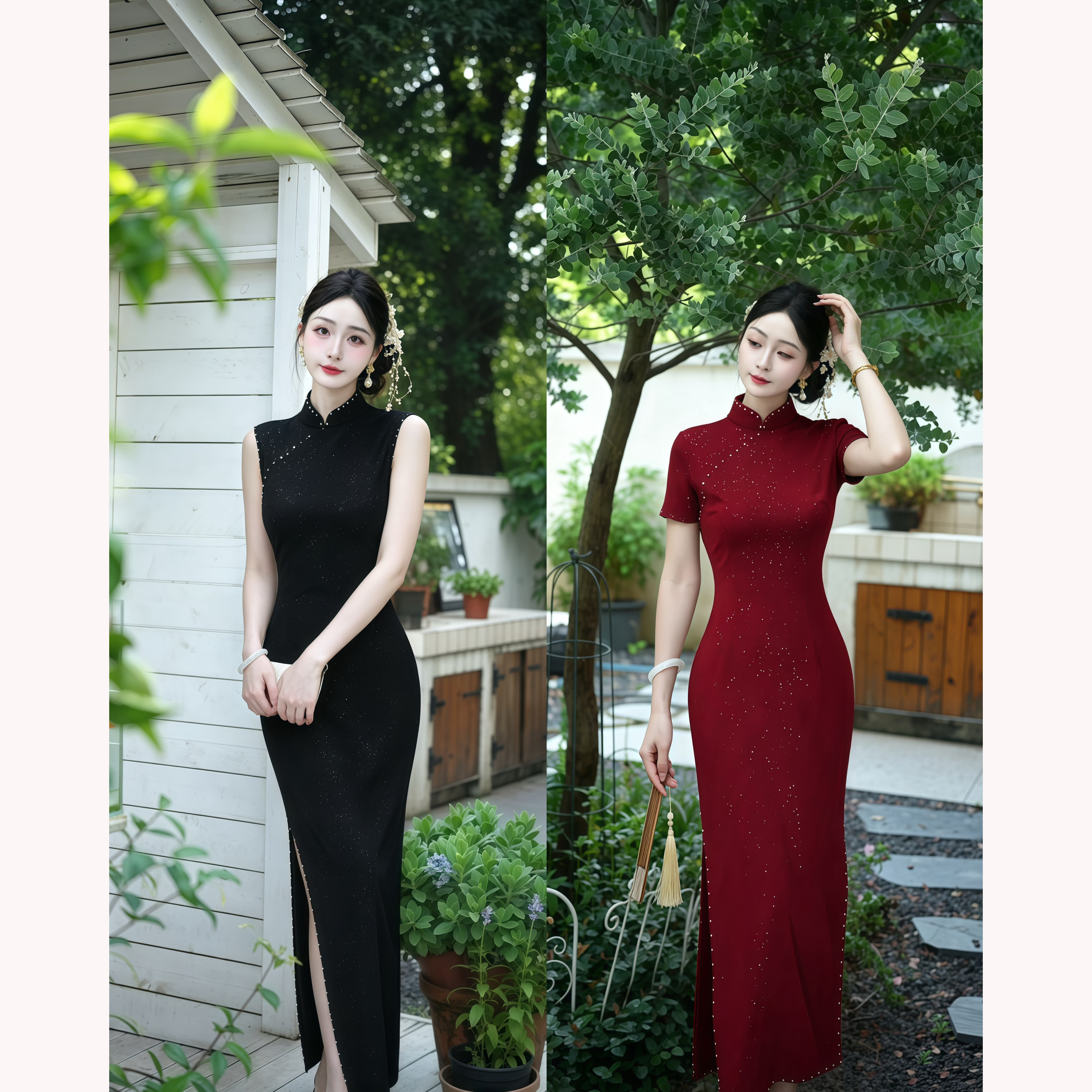 【爆闪巨星】潇夫人自制弹力细闪手工钉珠显瘦改良旗袍新中式长裙