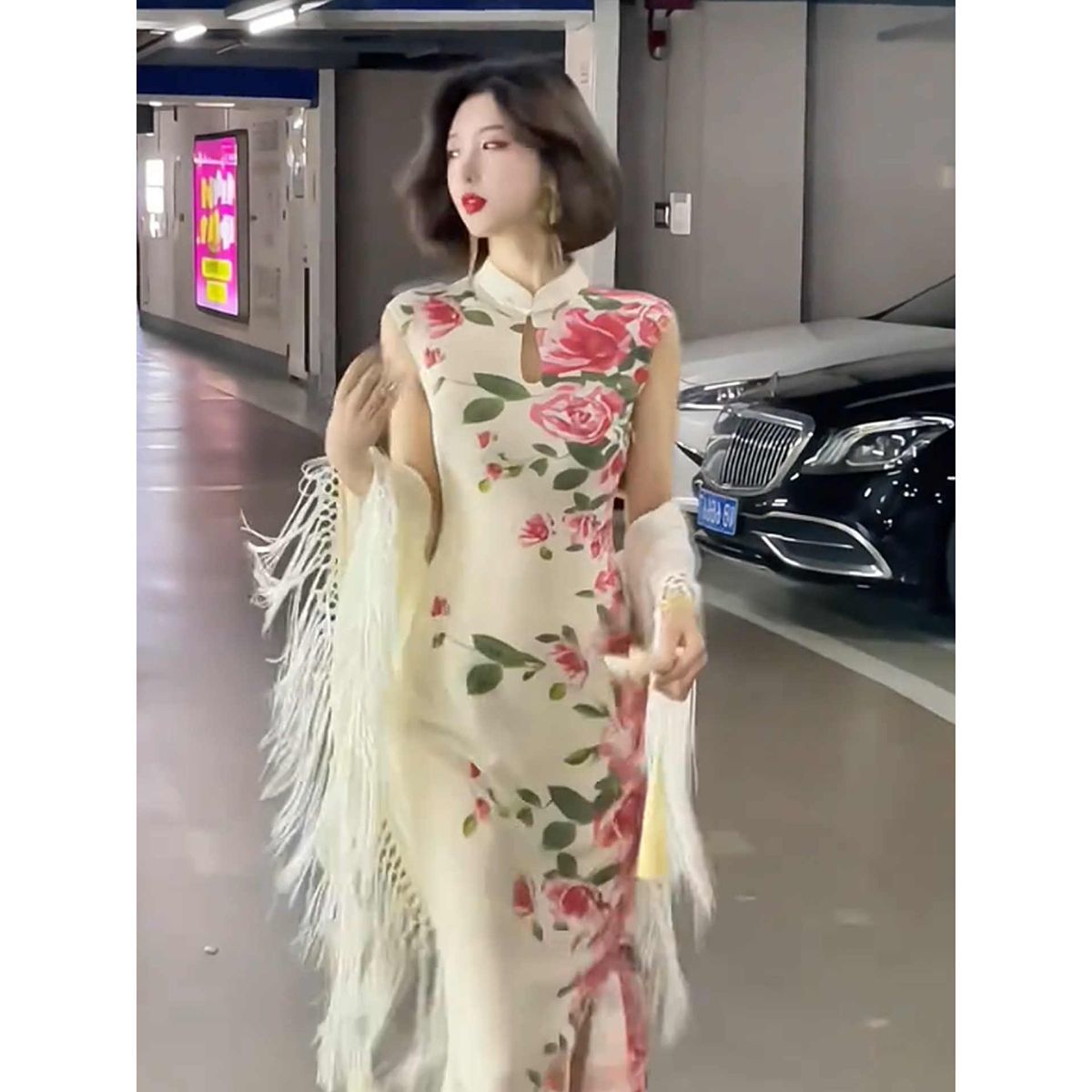 新中式旗袍女国风牡丹印花订婚敬酒礼服气质名媛收腰开叉包臀长裙