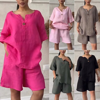 棉麻短袖衬衫套装宽松短裤