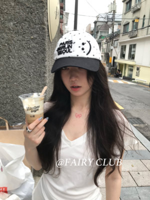 韩系笑脸星星波点拼色棒球帽女大头围显脸小帽子宽帽檐百搭鸭舌帽