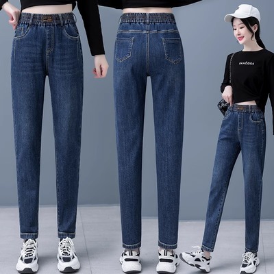 加绒老爹牛仔裤女秋冬季2025新款松紧腰女裤宽松萝卜裤小脚哈伦裤