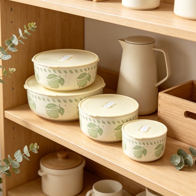 奶油风青梨陶瓷保鲜碗可微波密封带盖 4/5/6 寸分装饭盒