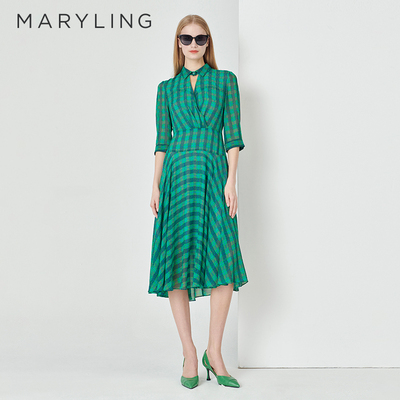 MARYLING玛俪琳奥莱outlets春蓝绿方格乔其条纹连衣裙A1DAW61160