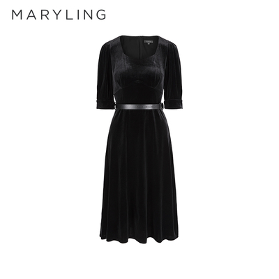 MARYLING玛俪琳奥莱outlets初春方领高级感丝绒连衣裙A1EAW61330