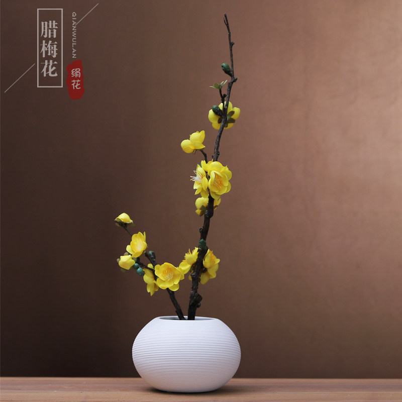 新中式腊梅花仿真花套装绿植盆景室内电视柜装饰假花绢花摆件