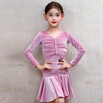 冬拉丁舞服女童长袖丝绒小半裙