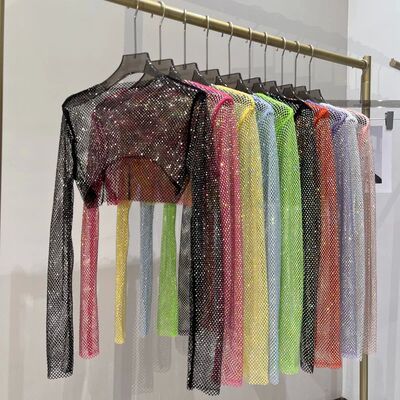 Mesh rhinestone short long sleeved top网眼贴钻短款长袖上衣女