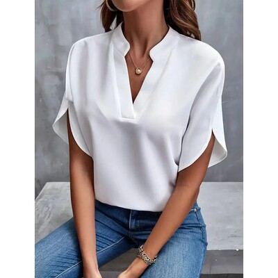 纯色V领宽松衬衫上衣 SSolid color V-neck loose  fitting shirt