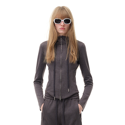 青木灰修身帽连帽卫衣