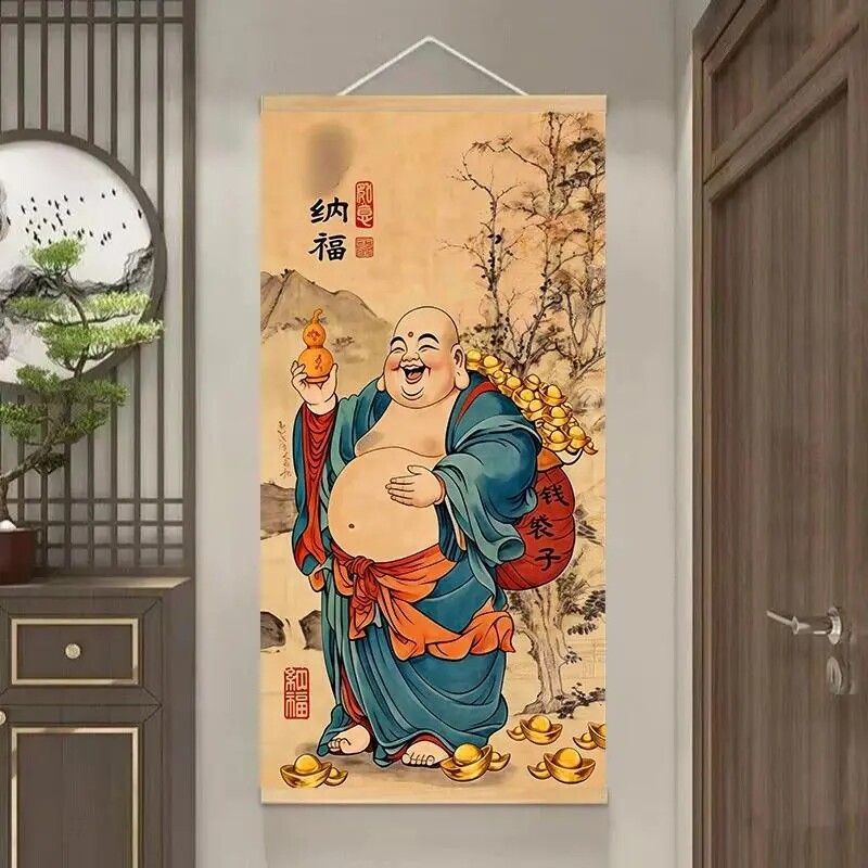 【正品】弥勒佛纳福装饰画玄关入户门挂画竖版现代简约福字壁画