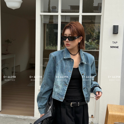 E+-韩版极简车线小众设计短款牛仔外套(不可拆垫肩不含内搭)6639