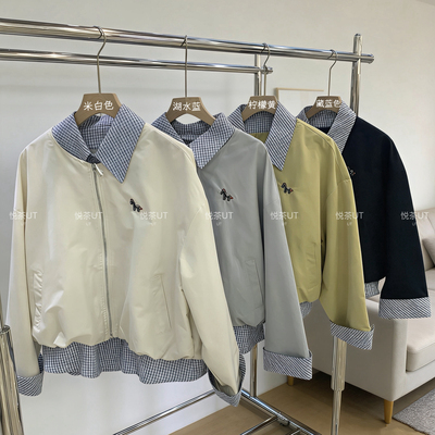 悦茶UniqueTea-款韩版拼色卡通刺绣假两件外宽松显瘦短外套Gh2982