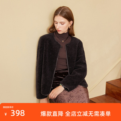 三彩2024冬季新款绵羊毛皮草颗粒绒外套短款毛绒宽松圆领简约女M