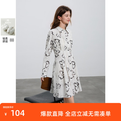 ibudu2025春季新款蝴蝶结剪影印花连衣裙纯棉收腰衬衫裙短裙