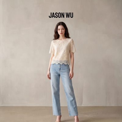 JASON WU-J系列法式设计感蕾丝圆领短袖T恤上衣夏季新款