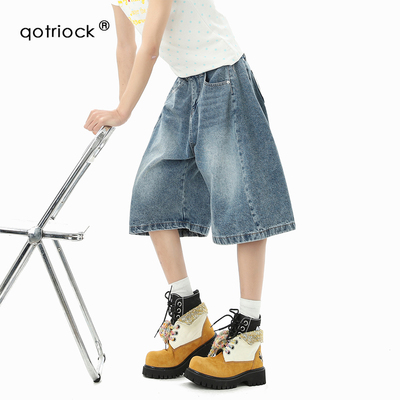 QOTRIOCK复古水洗阔腿牛仔短裤男