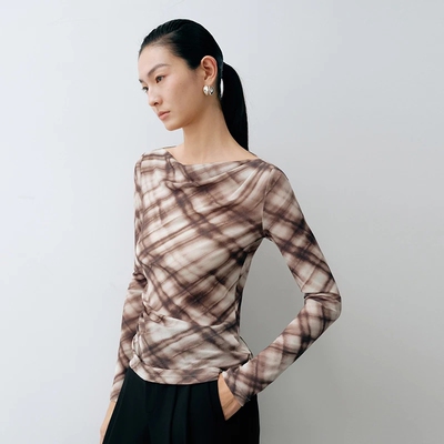 格纹长袖T恤修身弹力网纱上衣