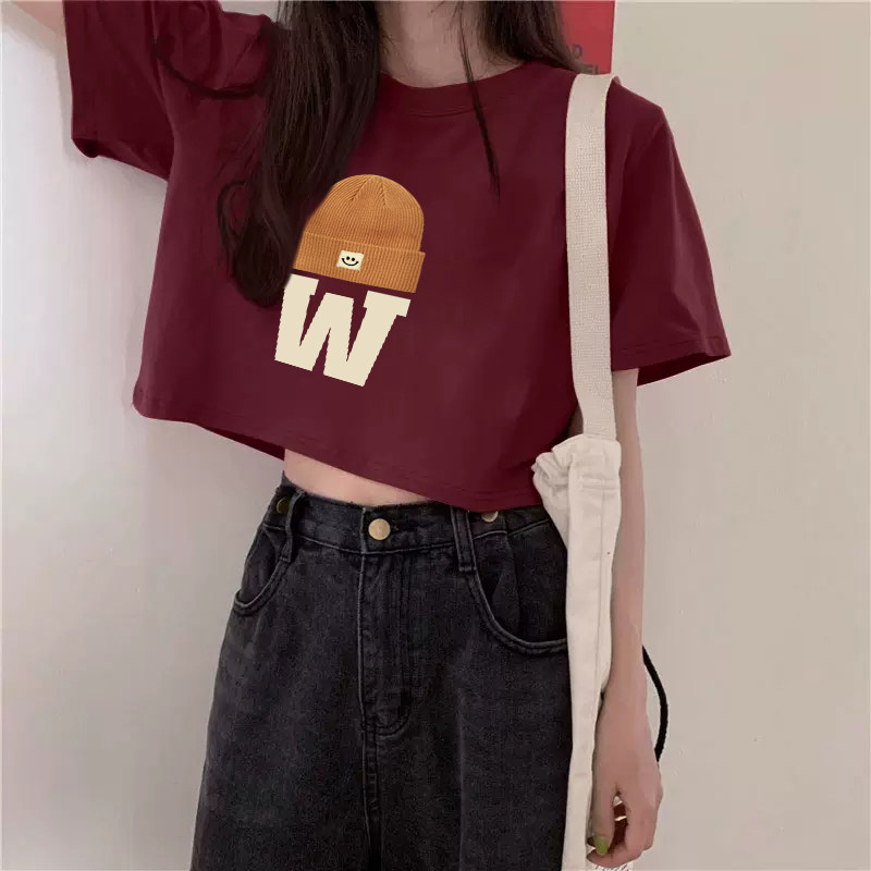 夏季新款酒红色显瘦大码正肩女t恤多巴胺穿搭韩版宽松上衣女潮牌