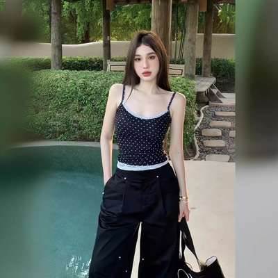 美式波点假两件蕾丝吊带新款修身纯欲芭蕾风女打底内搭背心上衣女