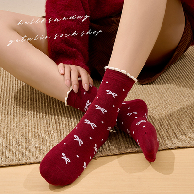 安可拉红色系格子堆堆袜