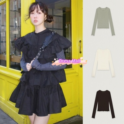 条纹修身大U领露背长袖T恤打底衫