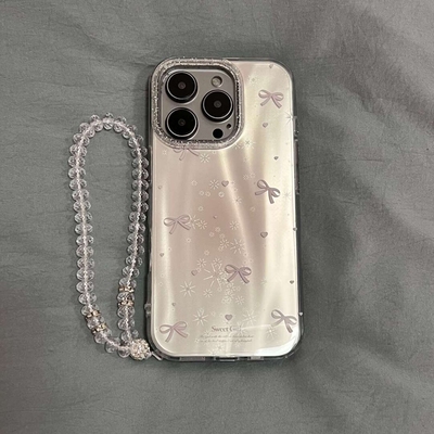 韩系ins粉底镭射爱心蝴蝶结带挂链适用苹果16promax新款iPhone17promax手机壳14小众少女13简约高级15P保护套