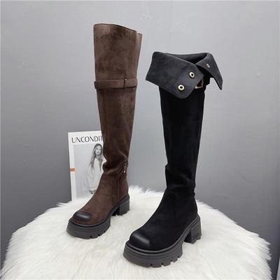 2024秋冬新款圆头绒面松糕厚底靴