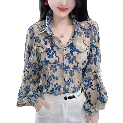 宽松显瘦设计感灯笼袖碎花衬衣衫