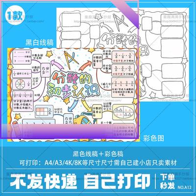 分数的初步认识思维导图手抄报电子模板三年级上册数学线稿小报