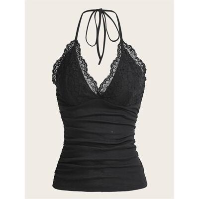 Goth Grunge Punk Black Lace Patchwork Halter Top Women Summe