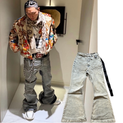 水洗加长堆积拖地喇叭牛仔裤