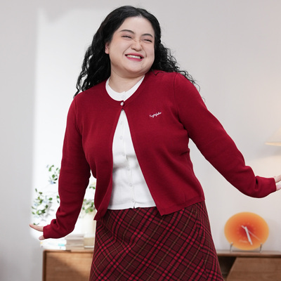 福饮沸别【鸿运当头】冬季大码胖MM假两件红色开衫BYF25157