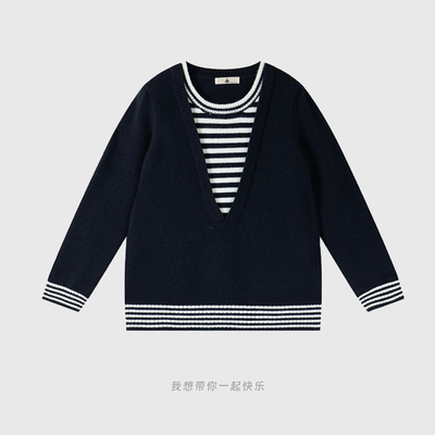 【福饮沸别】25年冬季新款大码女装假两件条纹撞色针织毛衣-F678