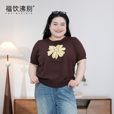 福饮沸别【轻蕊织风】大码胖mm显瘦花朵短袖针织毛衣YP25081